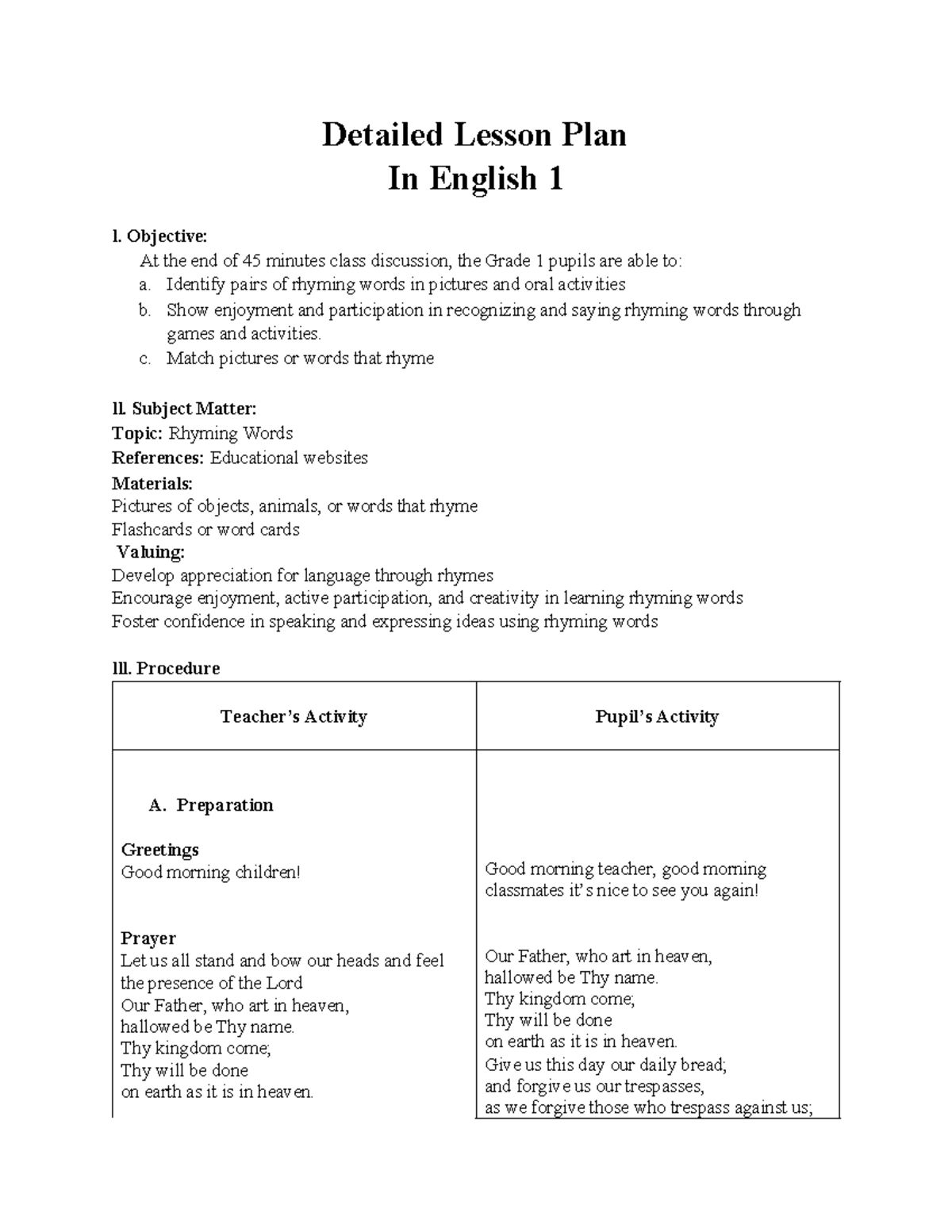 Detailed Lesson Plan on Rhyming Words for English 1 - Studocu