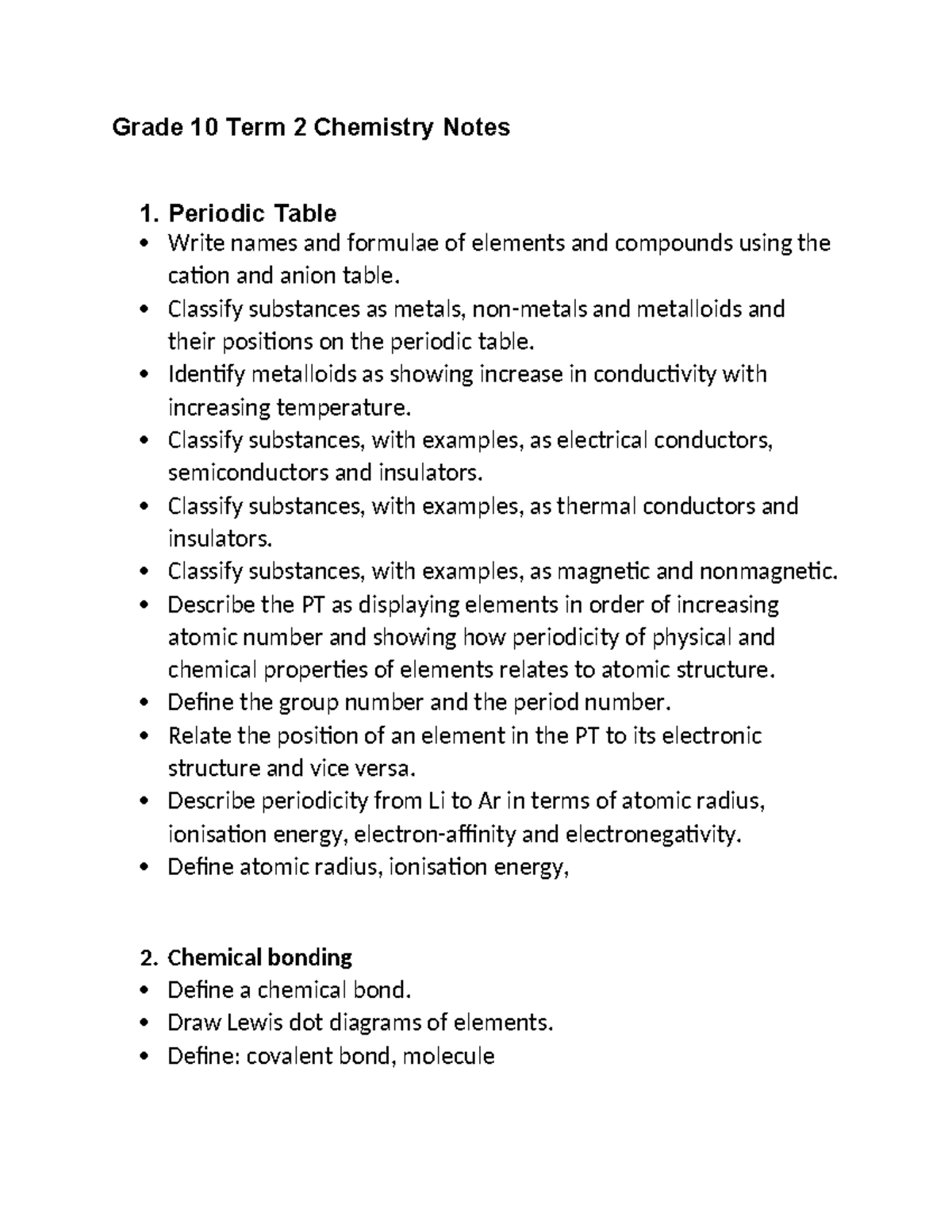 Grade 10 Term 2 Chemistry Notes: Periodic Table & Chemical Bonding ...