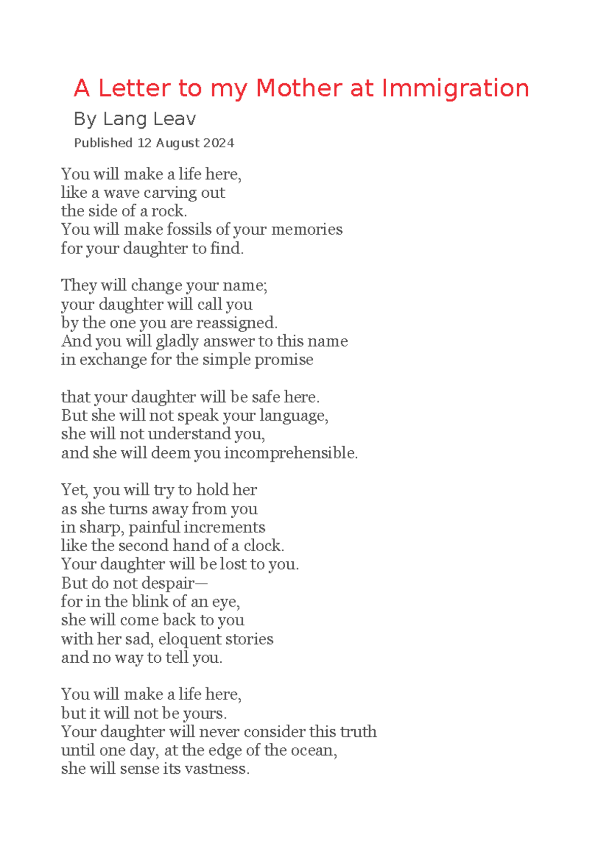 A Letter to My Mother: Reflections on Immigration and Identity - Studocu