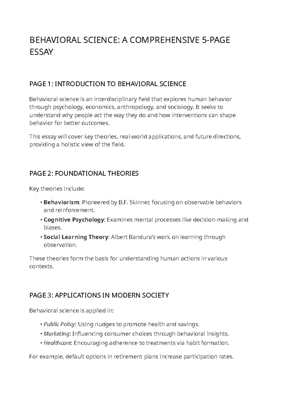 BEH 101: Comprehensive Essay on Behavioral Science - Studocu