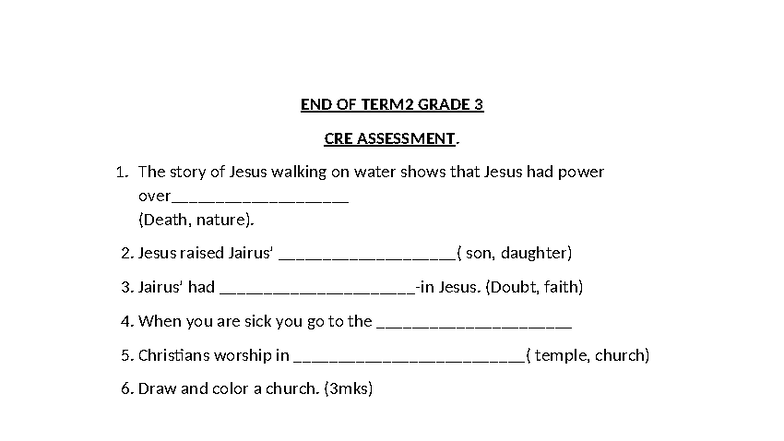 END OF TERM CRE Assessment - END OF TERM2 GRADE 3 CRE ASSESSMENT. The ...
