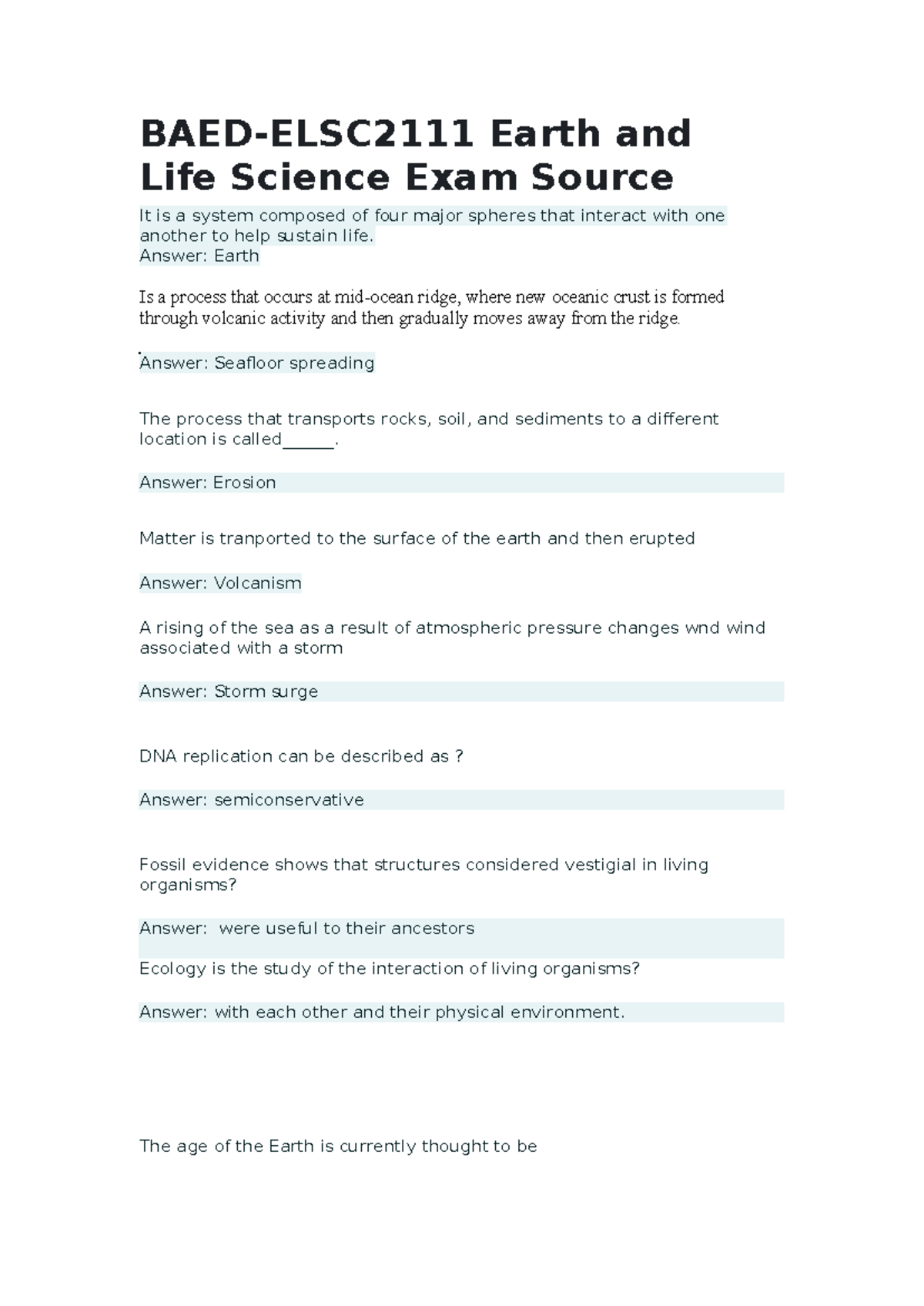 BAED-ELSC2111 Earth and Life Science Final Exam Study Guide - Studocu