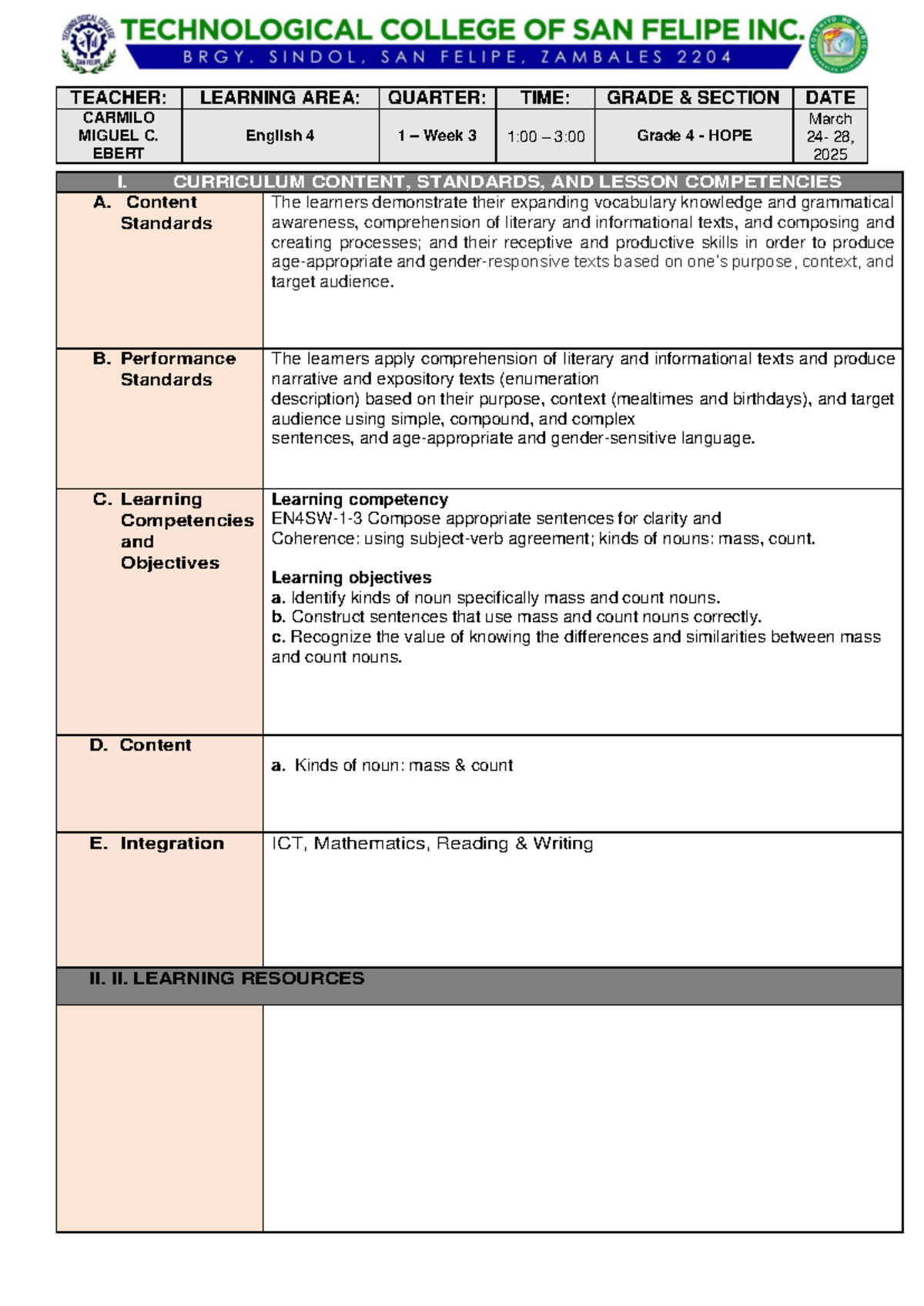 DLP-English 4: Lesson Plan on Mass and Count Nouns for Grade 4 - Studocu