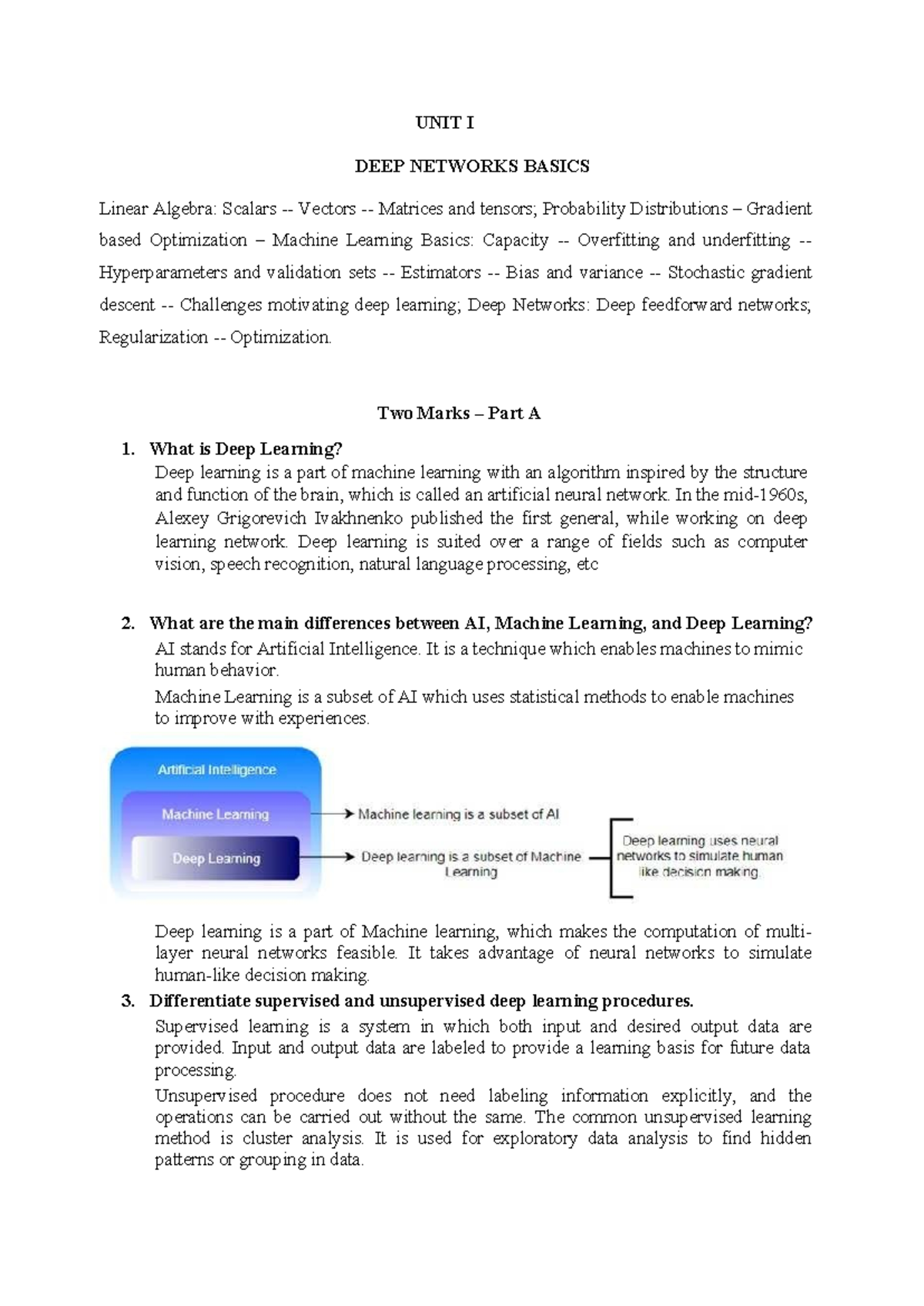 Deep Learning Basics: Unit I Overview and Key Concepts - 2 Marks - Studocu