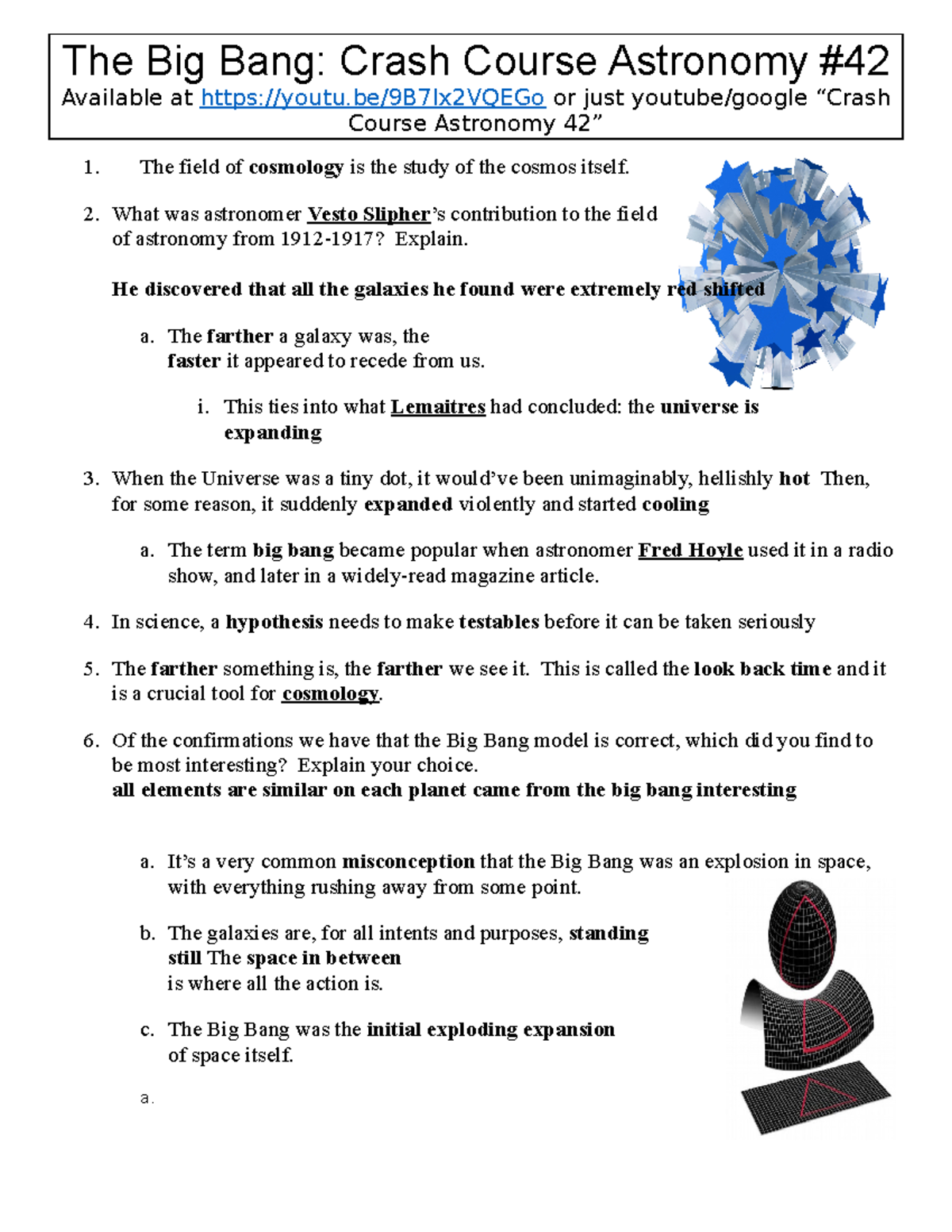 Crash Course Astronomy 42The Big Bang Cosmology Part 1worksheet-1 ...