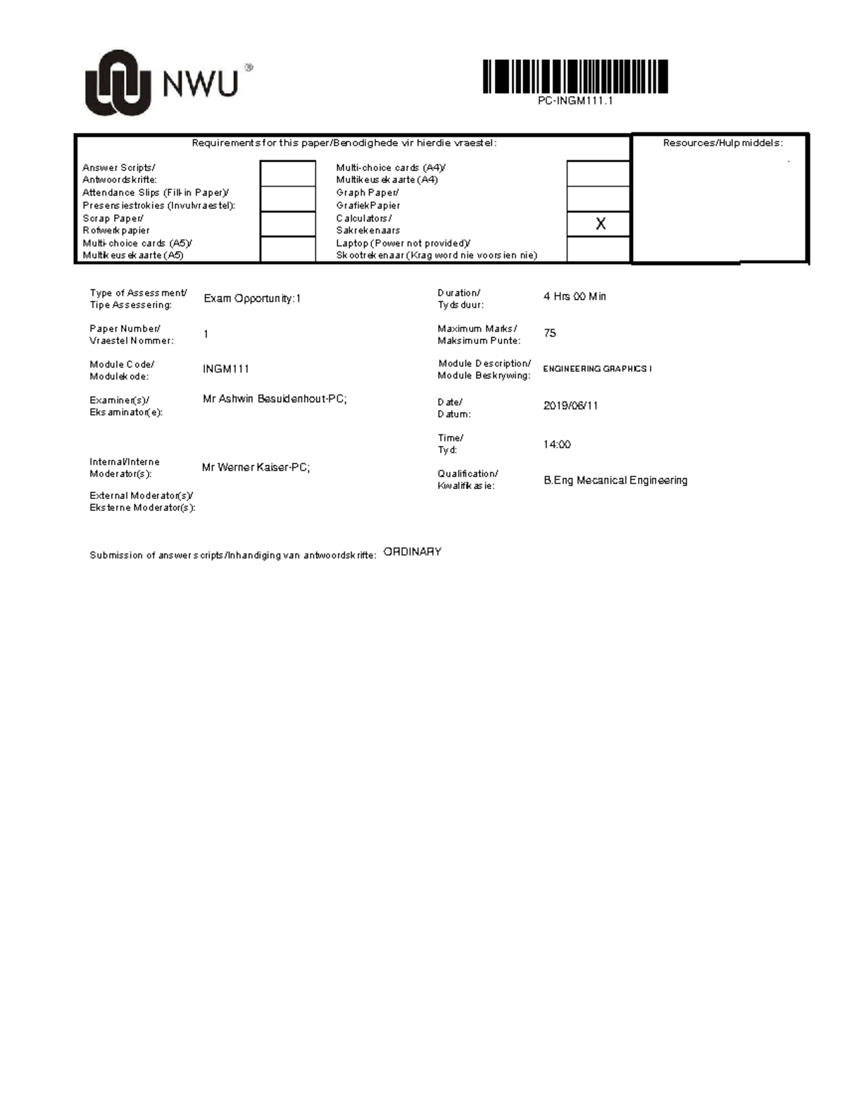 INGM111.1 Engineering Graphics I - 1st Opportunity Exam Paper - Studocu