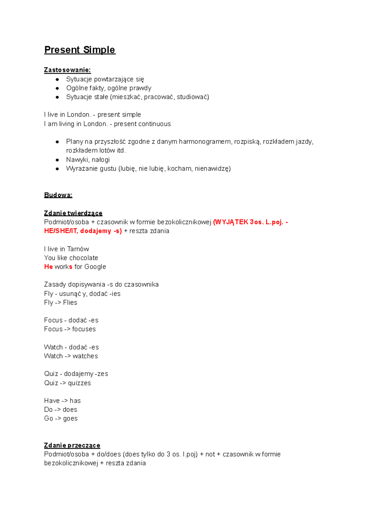 Notatka wykładowa: Present Simple vs Present Continuous - Zastosowania i Budowa - Studocu