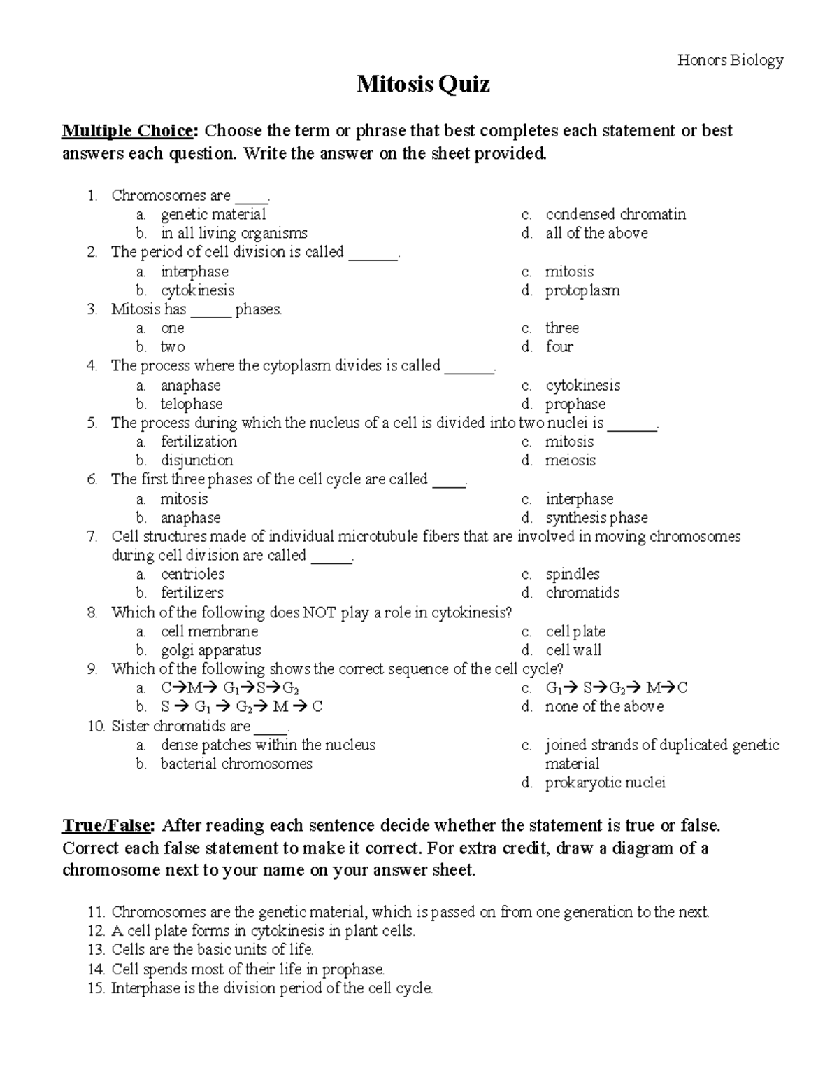 7.07 Mitosis Quiz - Honors Biology Study Guide - Studocu