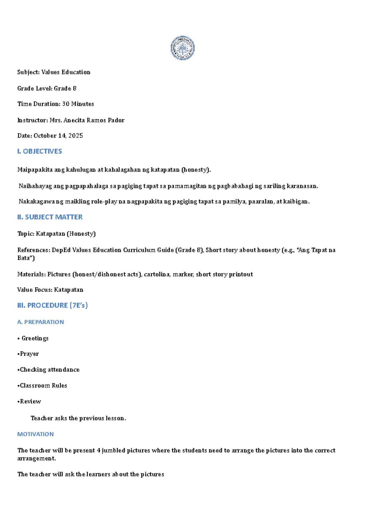 Semi-Detailed Lesson Plan: Values Education (Grade 8) on Honesty - Studocu