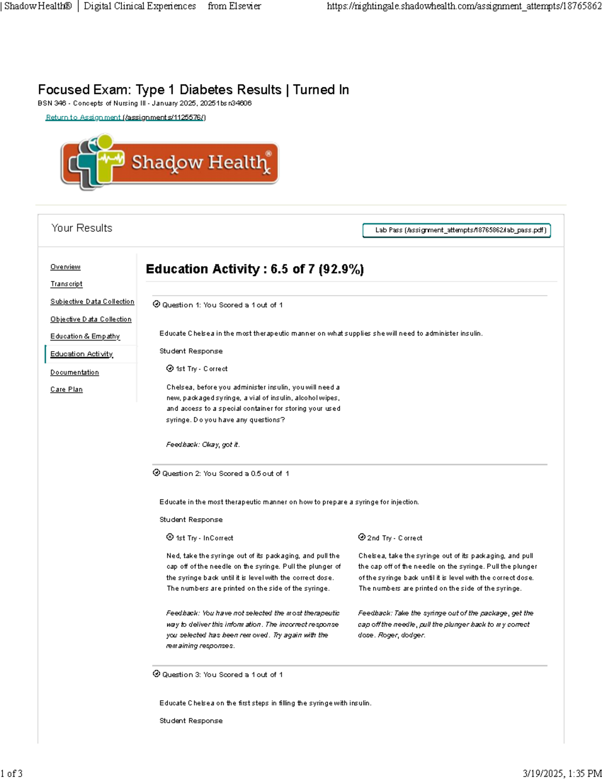 Type 1 Diabetes Education Activity - BSN 346 Final Exam Insights - Studocu