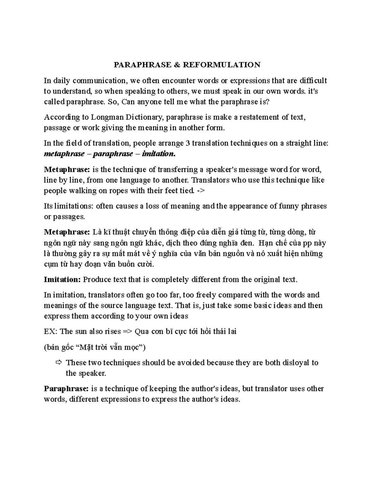 Paraphrase & Reformulation Techniques in Translation Studies - Studocu