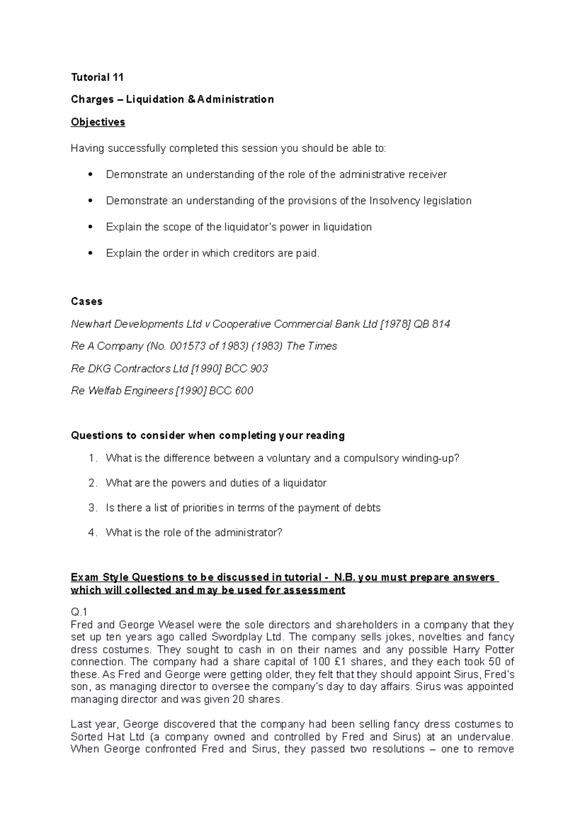 Insolvency & Administration Questions – Tutorial 11 Analysis - Studocu