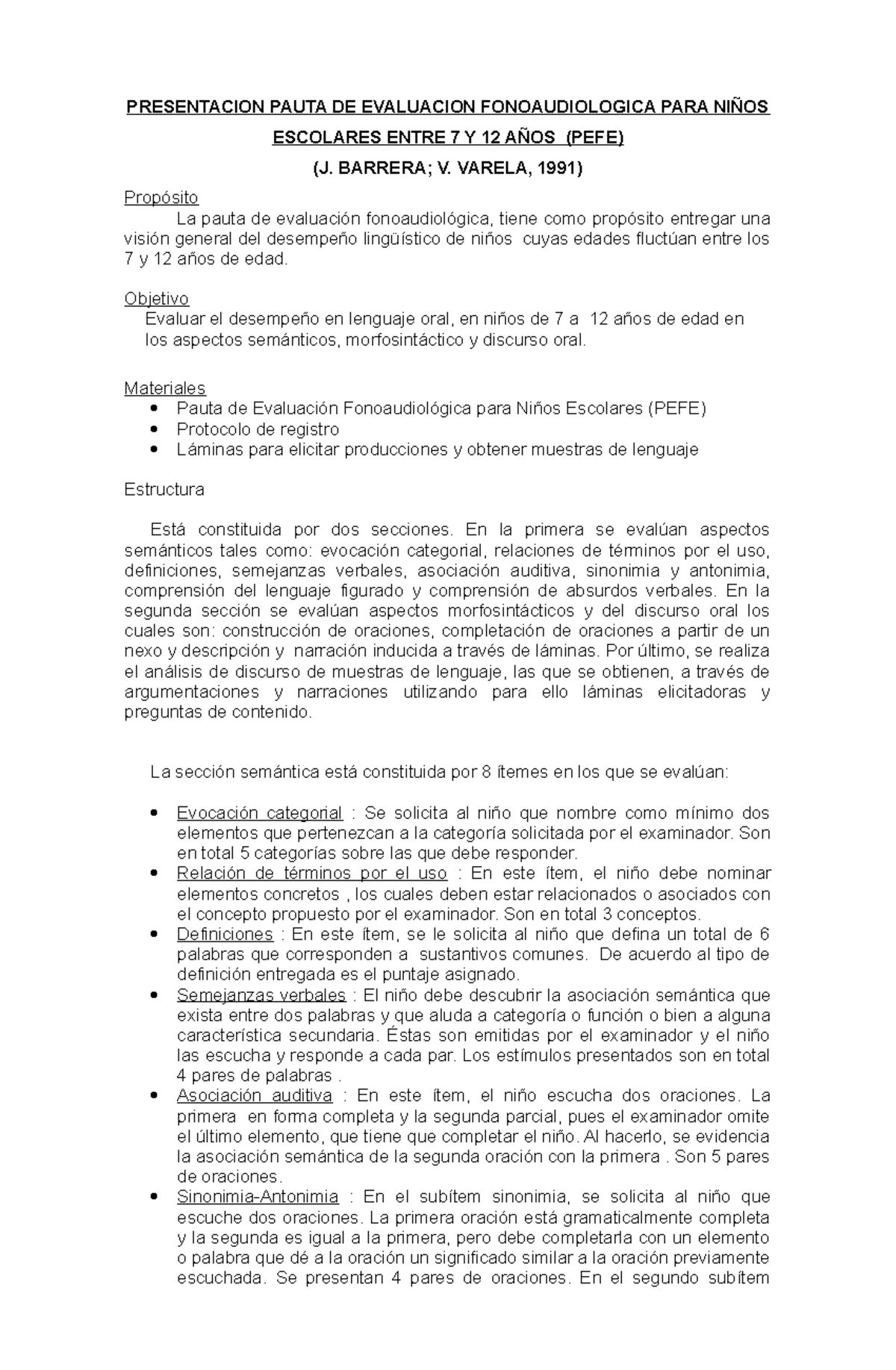 PEFE 7-12 Y +12 - Pauta de Evaluación Fonoaudiológica para Niños - Studocu