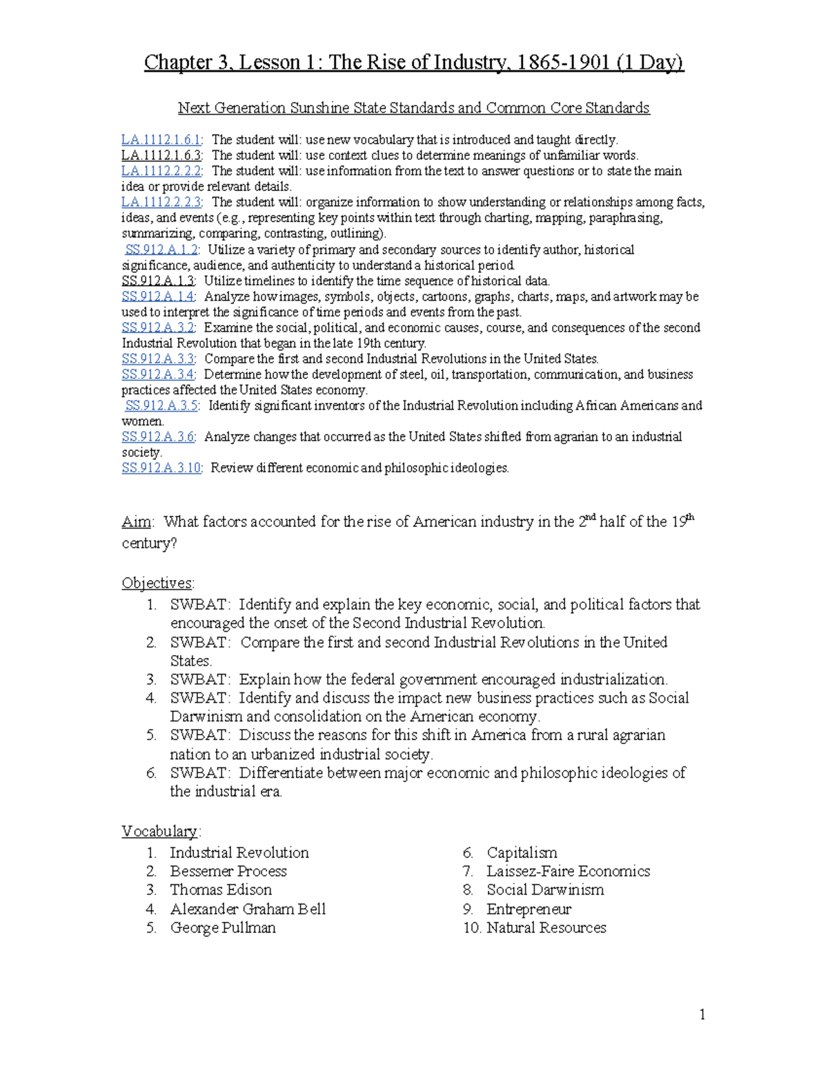 Chapter 3.1 LP - The Rise of Industry: Economic & Social Factors (1865 ...