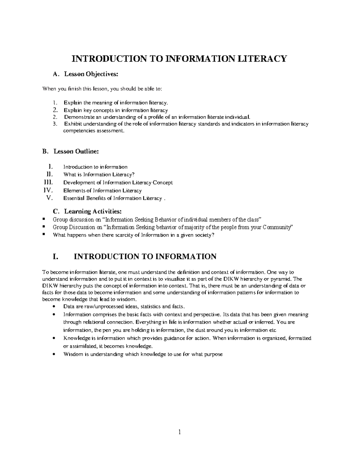 Introduction to Information Literacy - Lesson Overview and Objectives ...