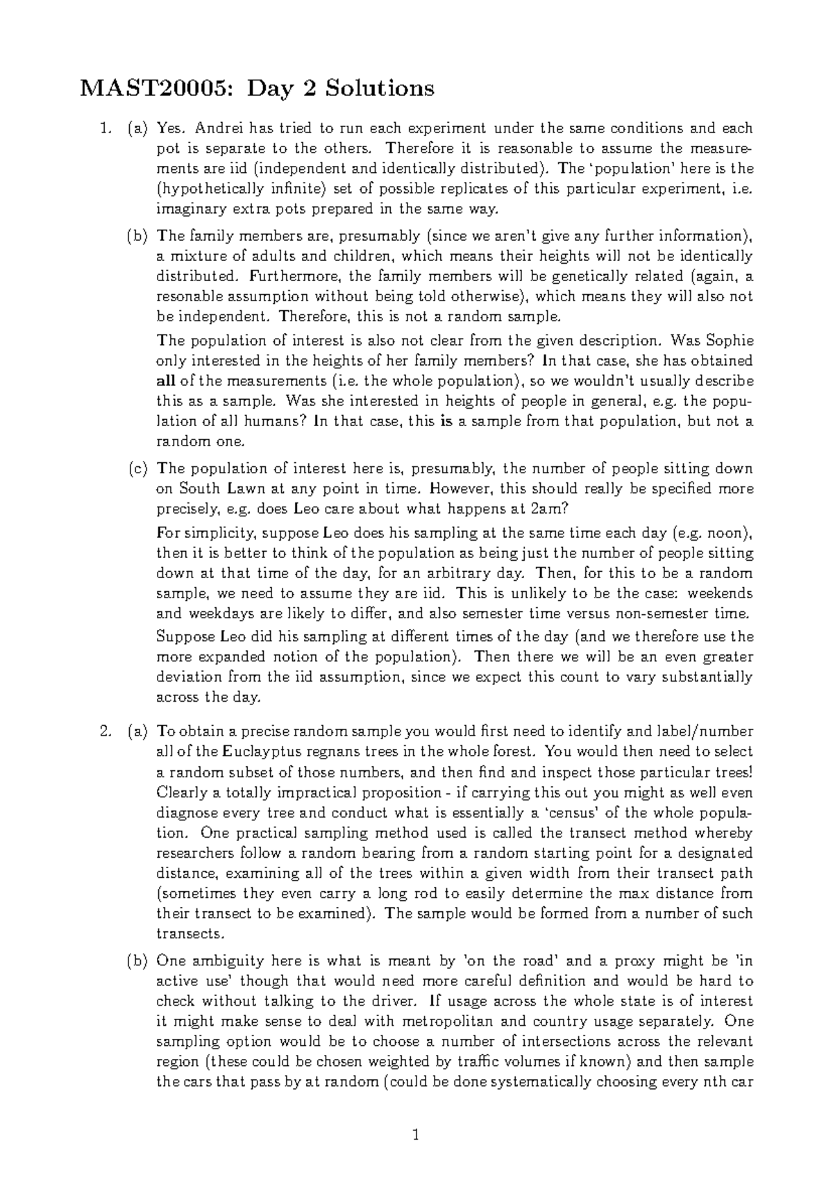 Tute 2 Solutions - MAST20005: Day 2 Solutions (a) Yes. Andrei has tried ...