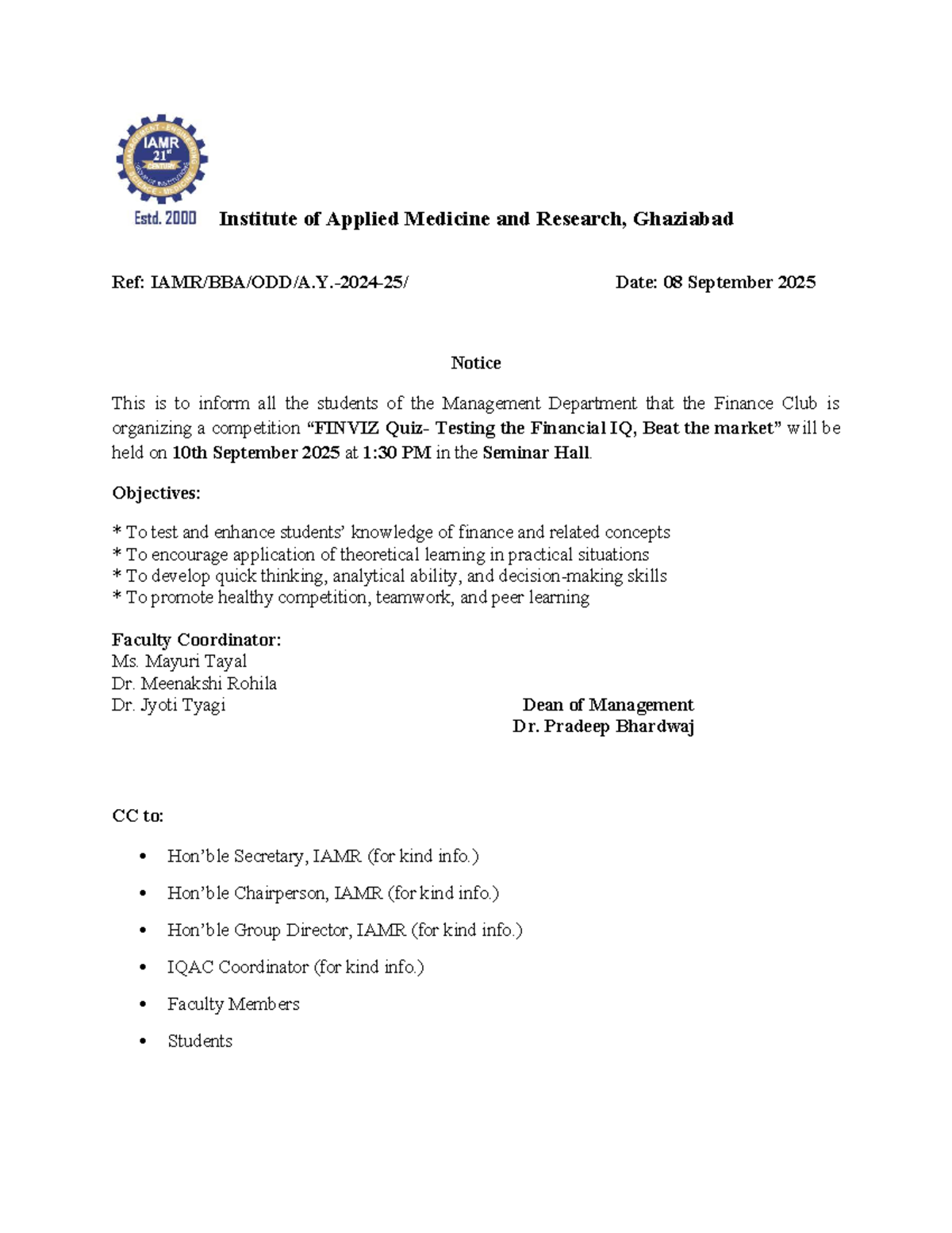 Finance Club Competition Notice - Testing Financial IQ Event - Studocu