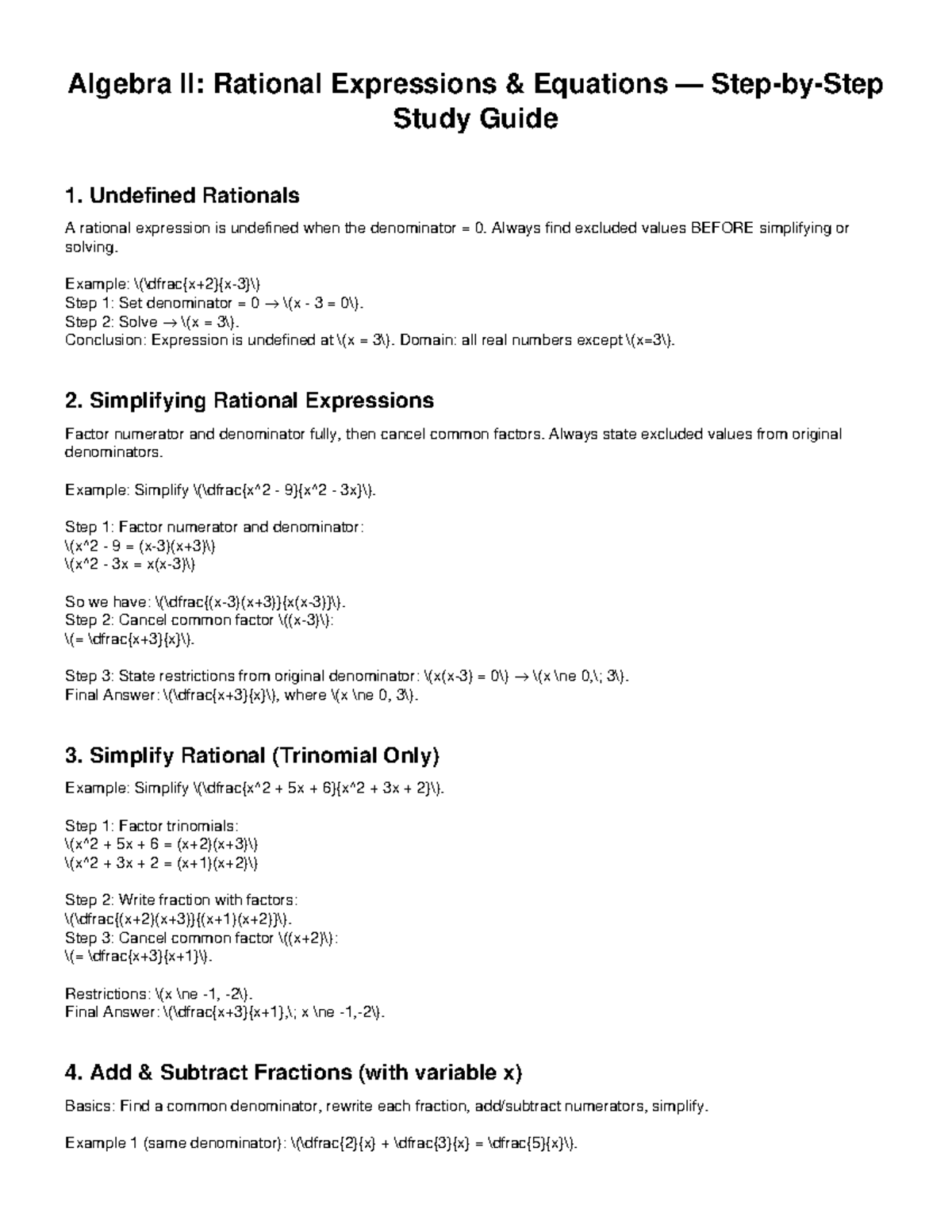 Algebra II: Rational Expressions Study Guide 1 - Step by Step - Studocu