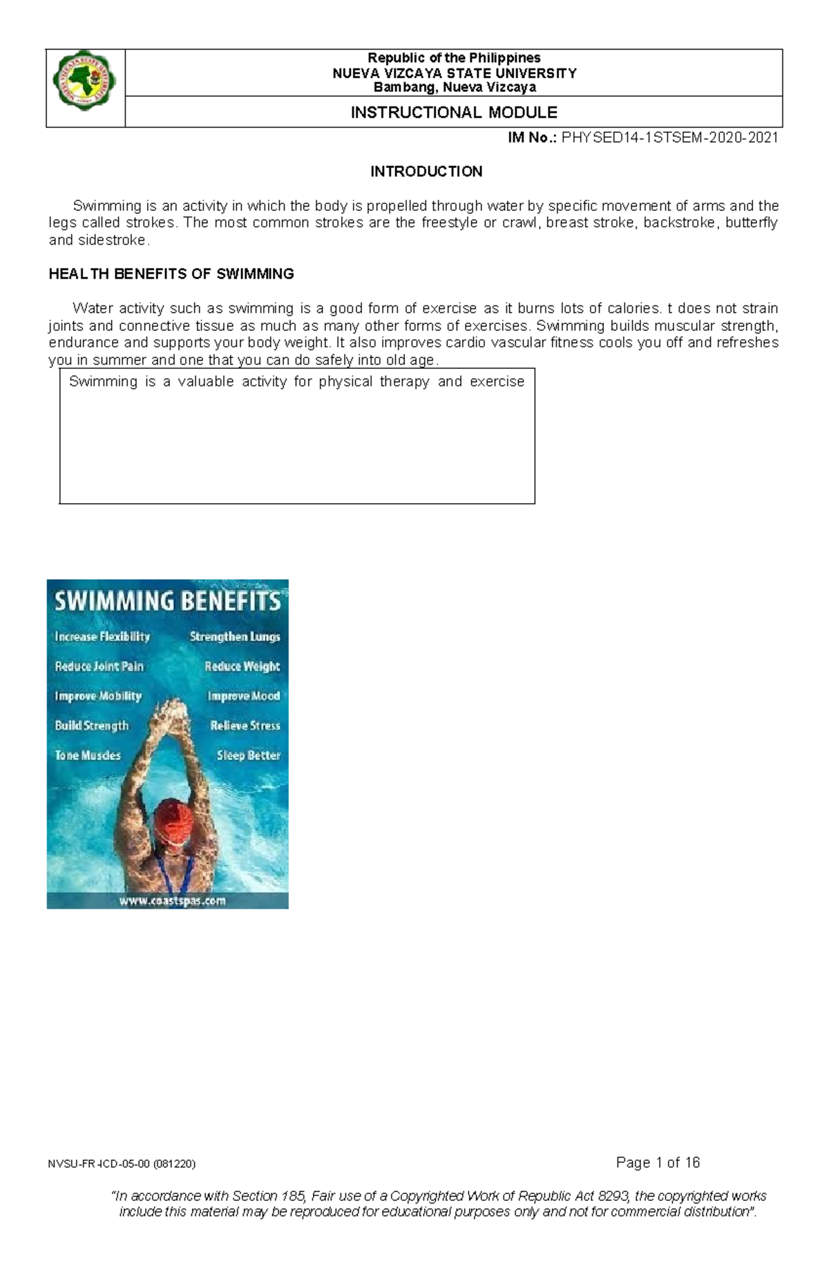 Swimming Instructional Module - Notes for PHYSED14 1ST SEM - Studocu