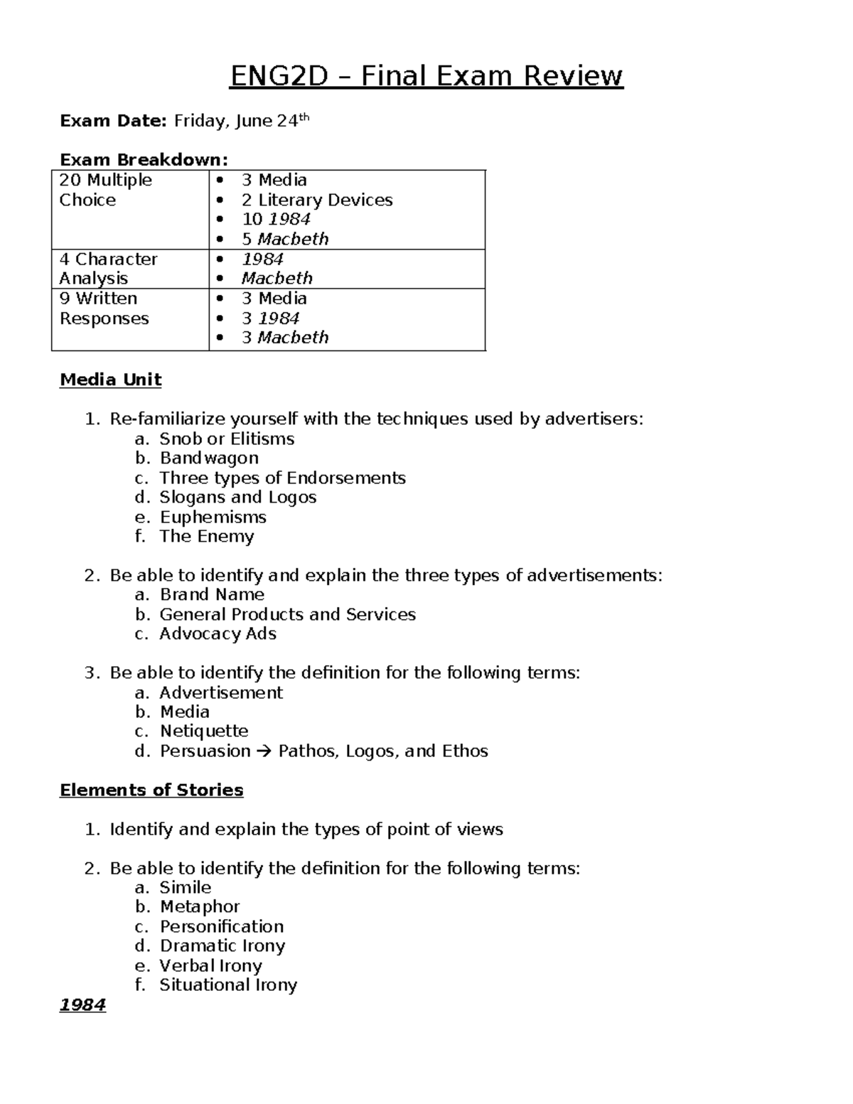 Eng2d-e28093-final-exam-review 1 - ENG2D – Final Exam Review Exam Date ...