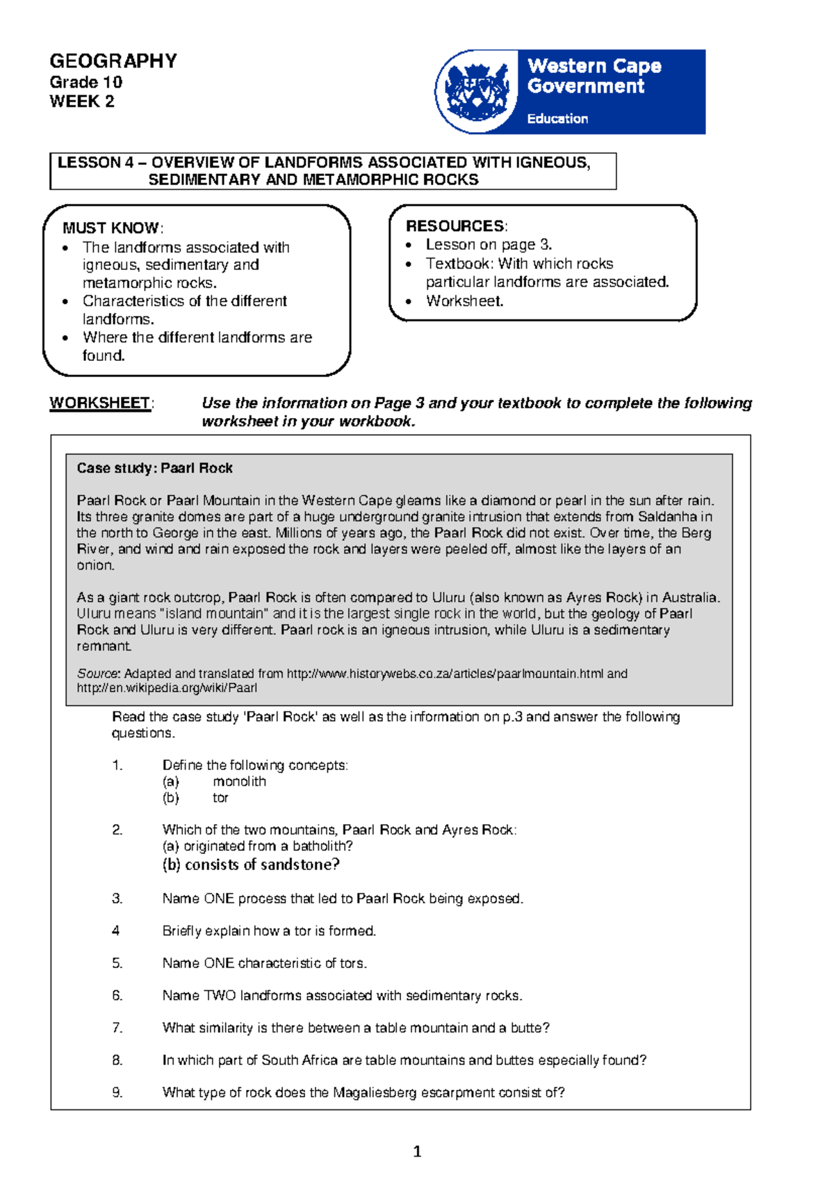 FET T2 Week 2 Grade 10 Geography Landforms Igneous Sedimentary ...