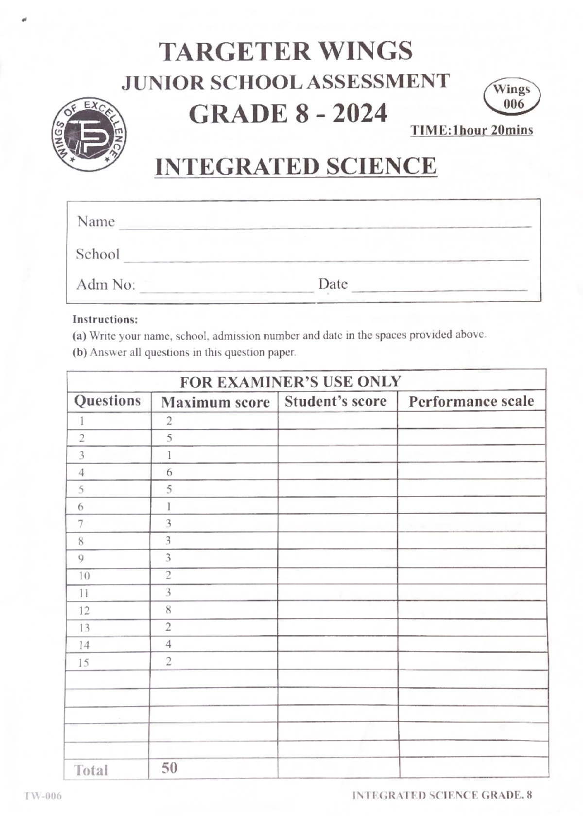 TARGETER WINGS JUNIOR SCHOOL GRADE 8 ENGLISH ASSESSMENT 2024 004 - Studocu