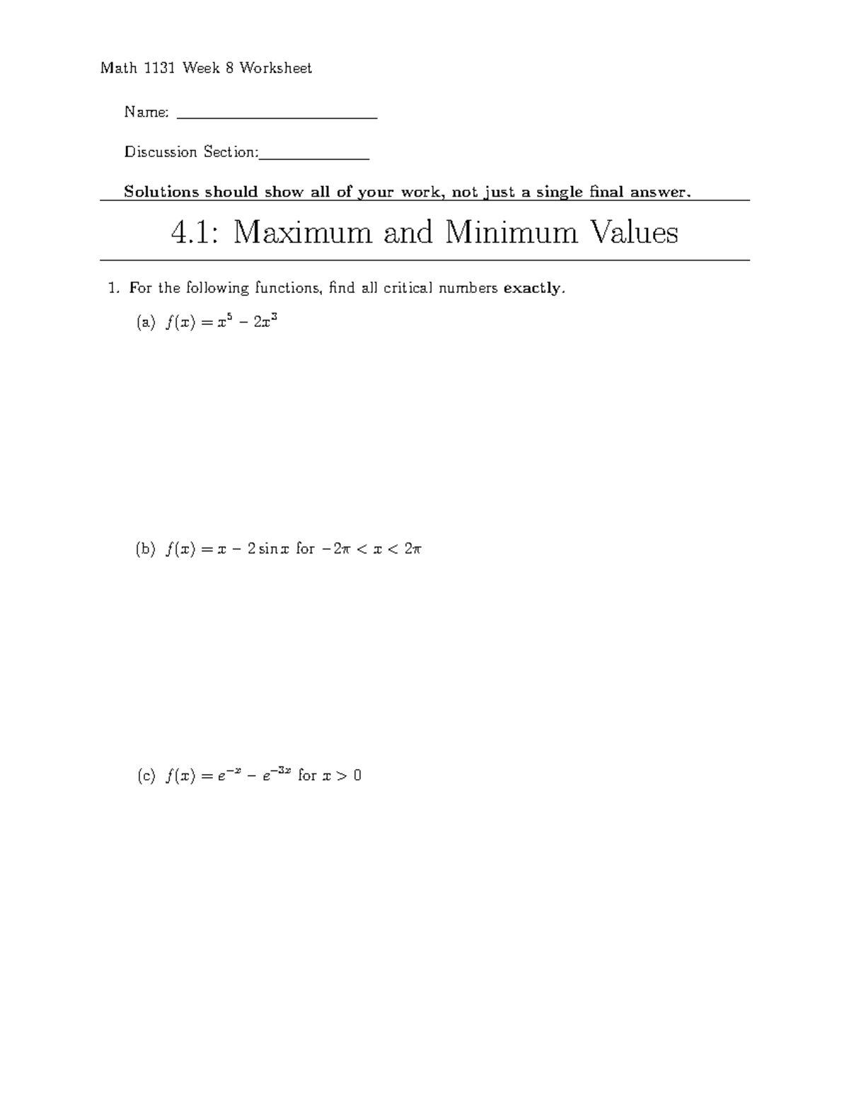 WS 4 - Calculus 1131: Max/Min Values & Mean Value Theorem Worksheet ...