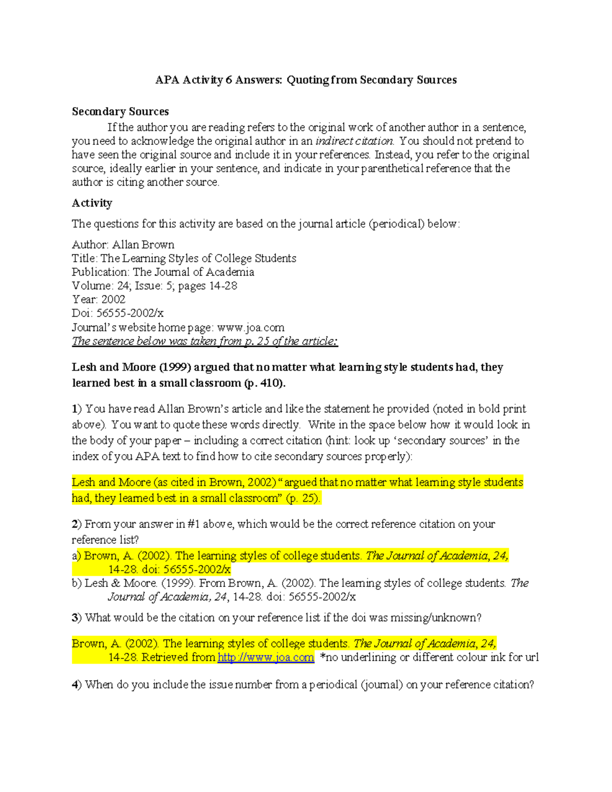 APA Activity 6 Answers: Quoting from Secondary Sources Explained - Studocu