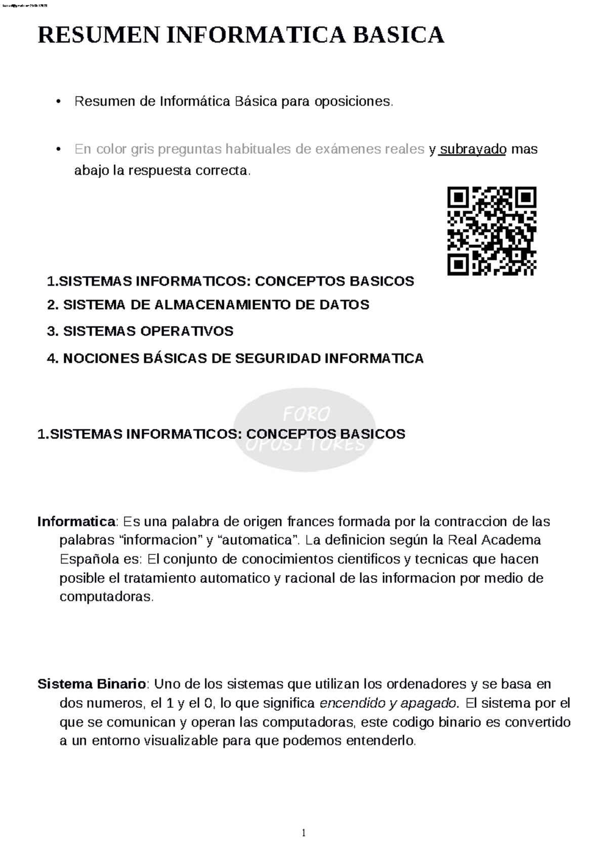 Informatica Oposiciones - RESUMEN INFORMATICA BASICA • Resumen de Informática Básica para - Studocu