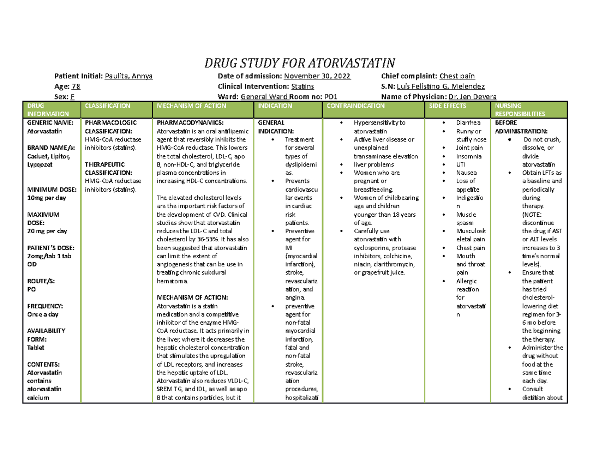 DRUG Study: Comprehensive Atorvastatin Patient Management Notes - Studocu