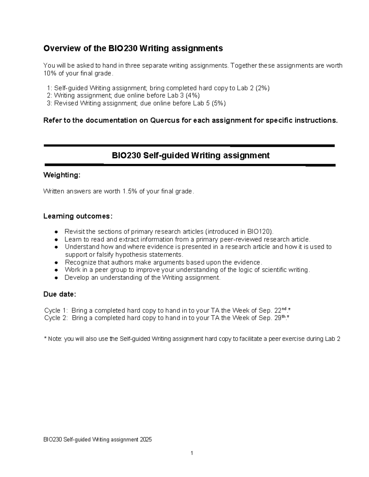 BIO230 Writing Assignments Overview and Guidelines 2025 - Studocu