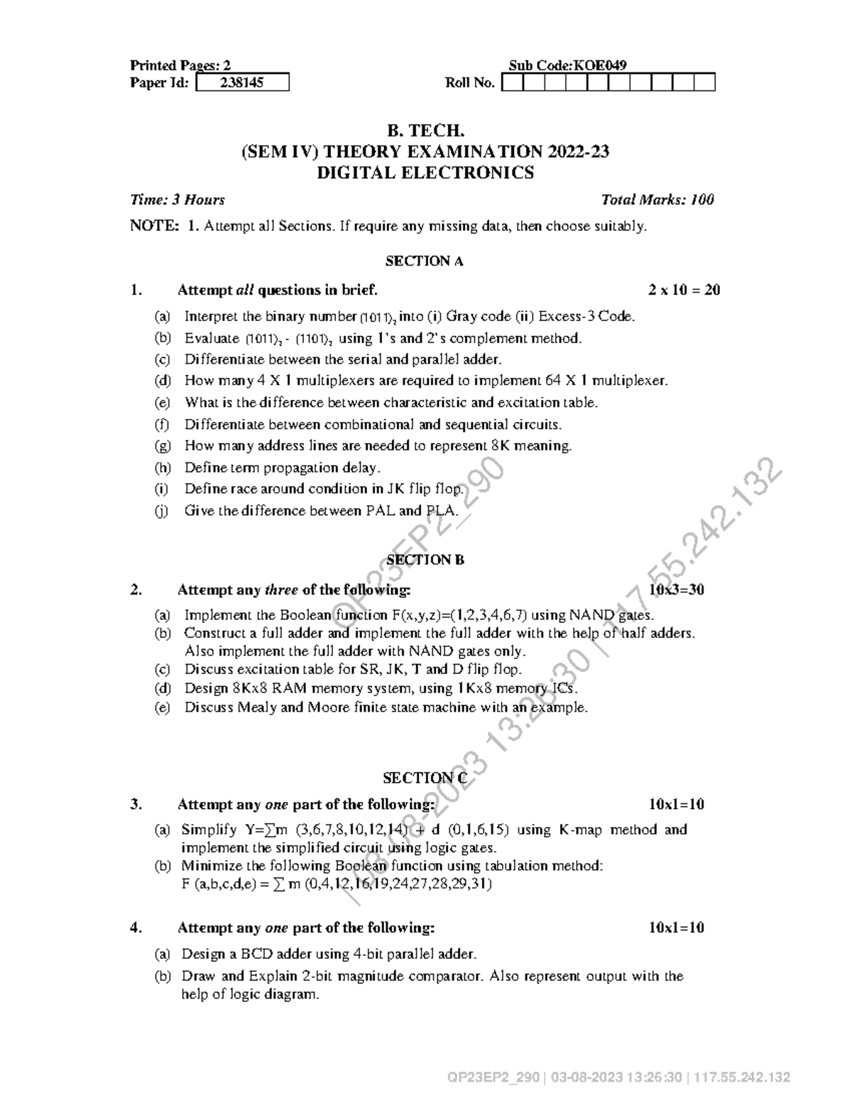 B. Tech Sem IV Digital Electronics Midterm Exam KOE 049 2023 - Studocu