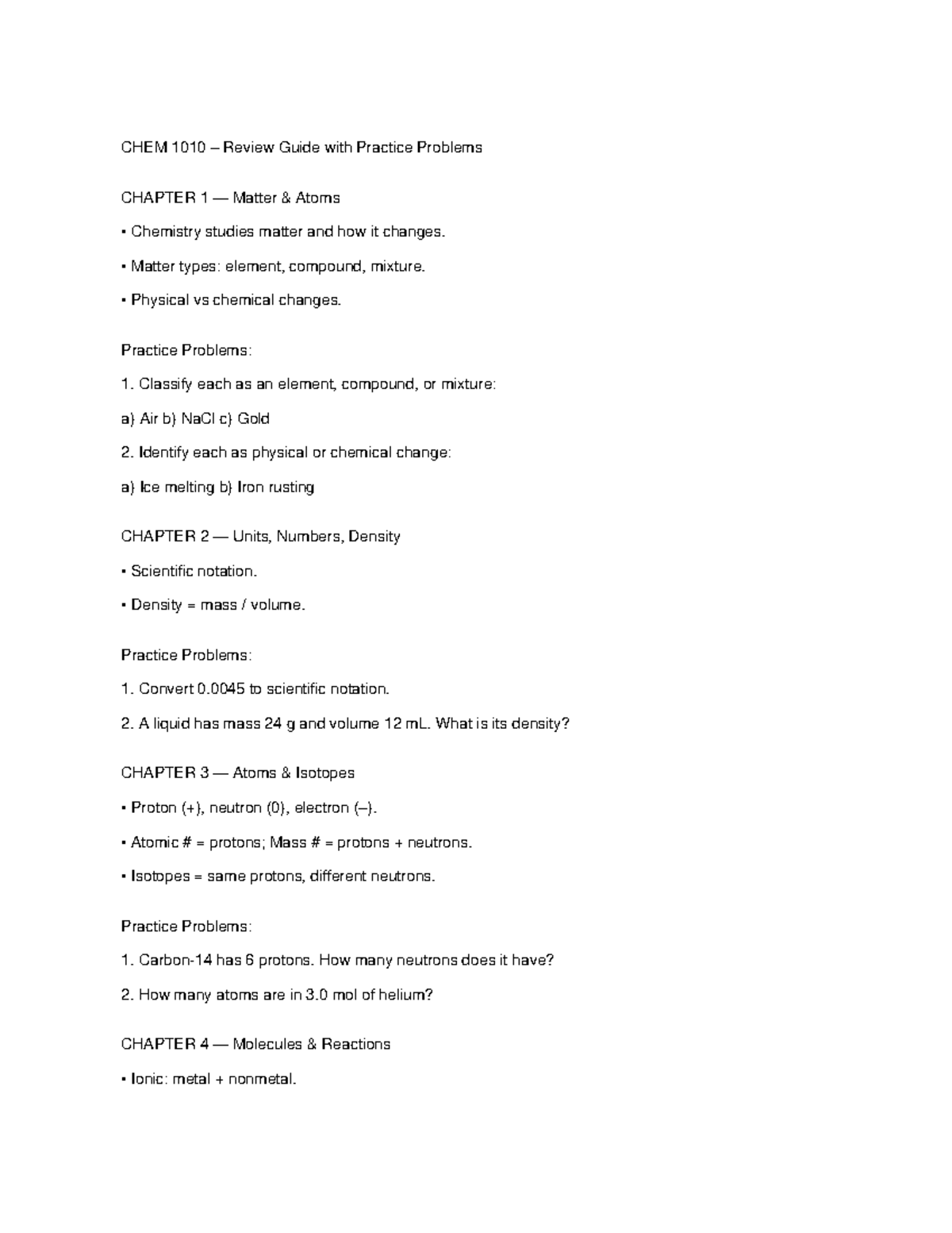 CHEM 1010 – Review Guide with Practice Problems - Studocu