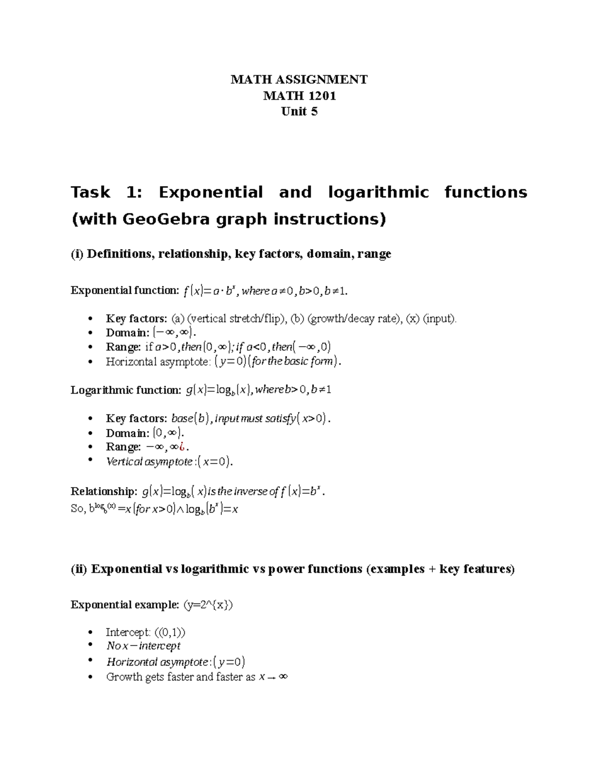 MATH 1201 Unit 5 Assignment: Exponential & Logarithmic Functions - Studocu
