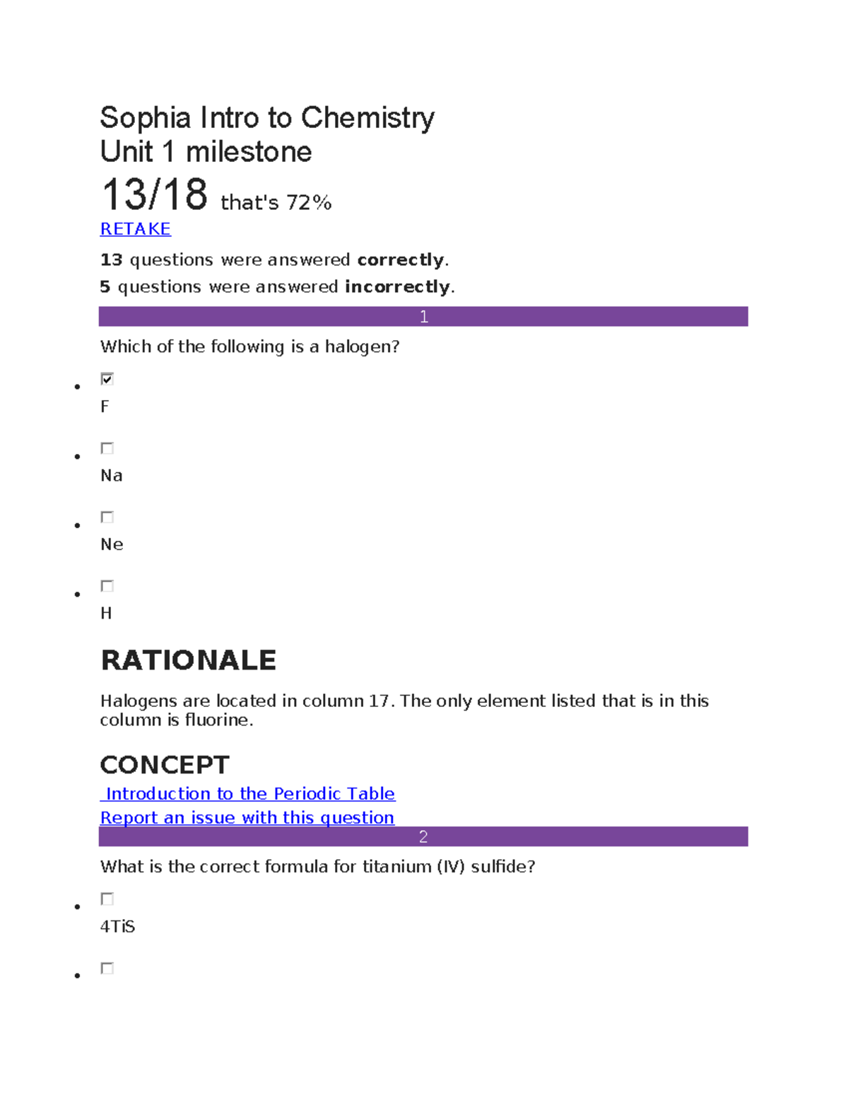Sophia CHEM 101 Unit 1 Milestone Review & Answers - Studocu