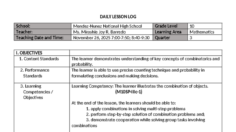 Combination Lesson Plan - Grade 10 Math (Day 3) - Studocu
