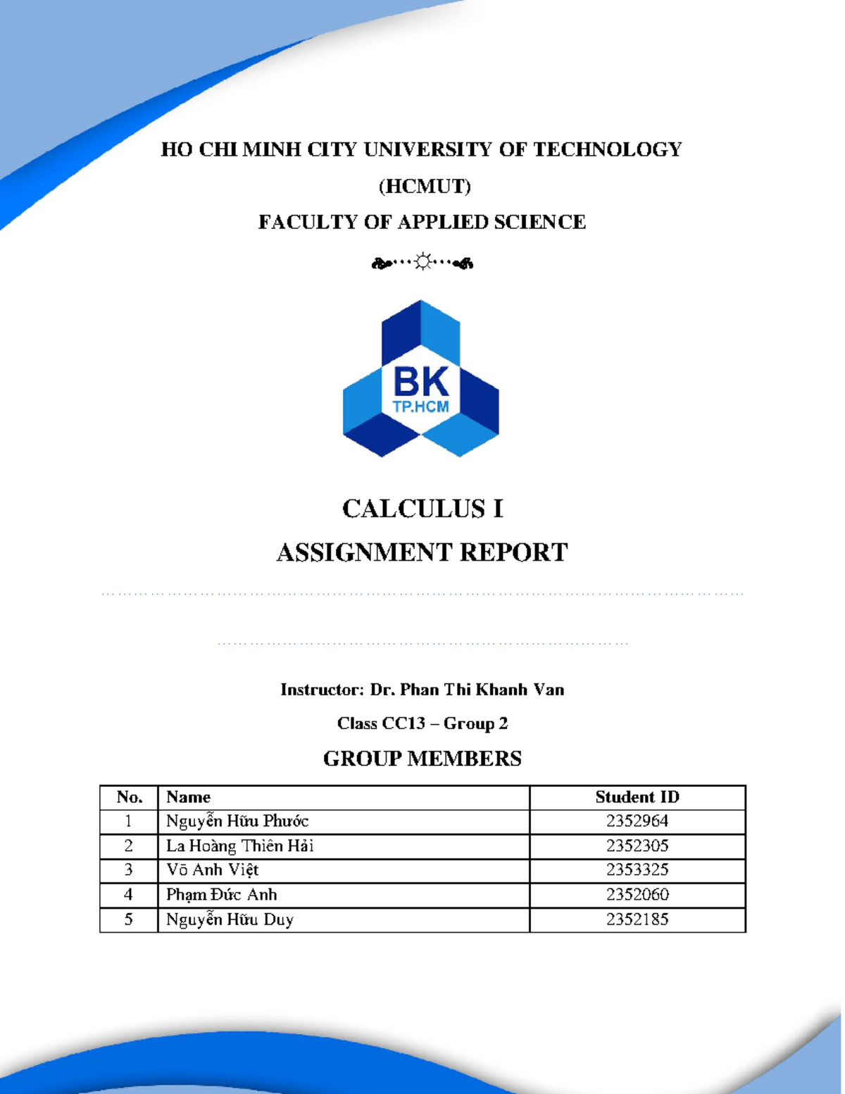 CALCULUS I MAJOR ASSIGNMENT GROUP 2 REPORT - HCMUT APPLIED SCIENCE - Studocu