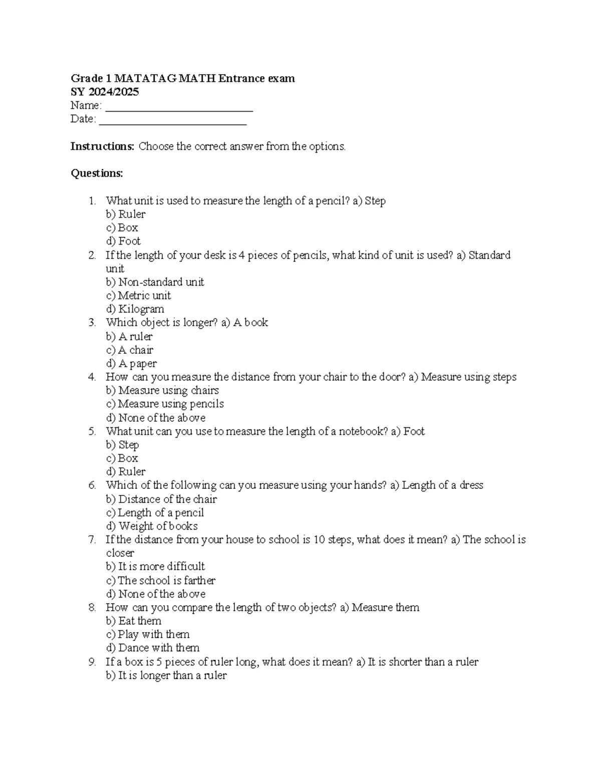 Grade 1 English Entrance exam - Choose the correct answer and shade the ...