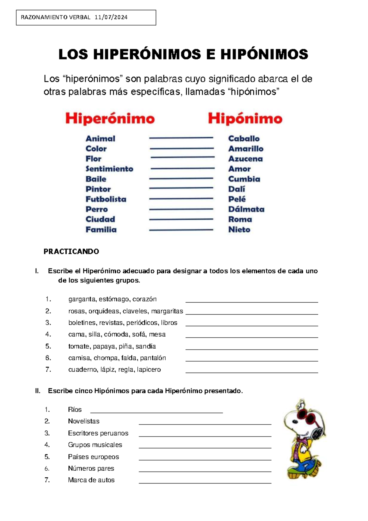 Ficha - Hiperónimos e Hipónimos - Razonamiento Verbal 11-07-2024 - Studocu