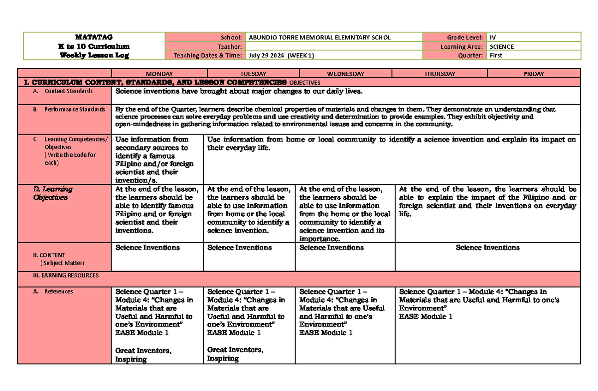 Lesson Exemplar: Science 4 Q1 W1 - Exploring Inventions of Scientists ...