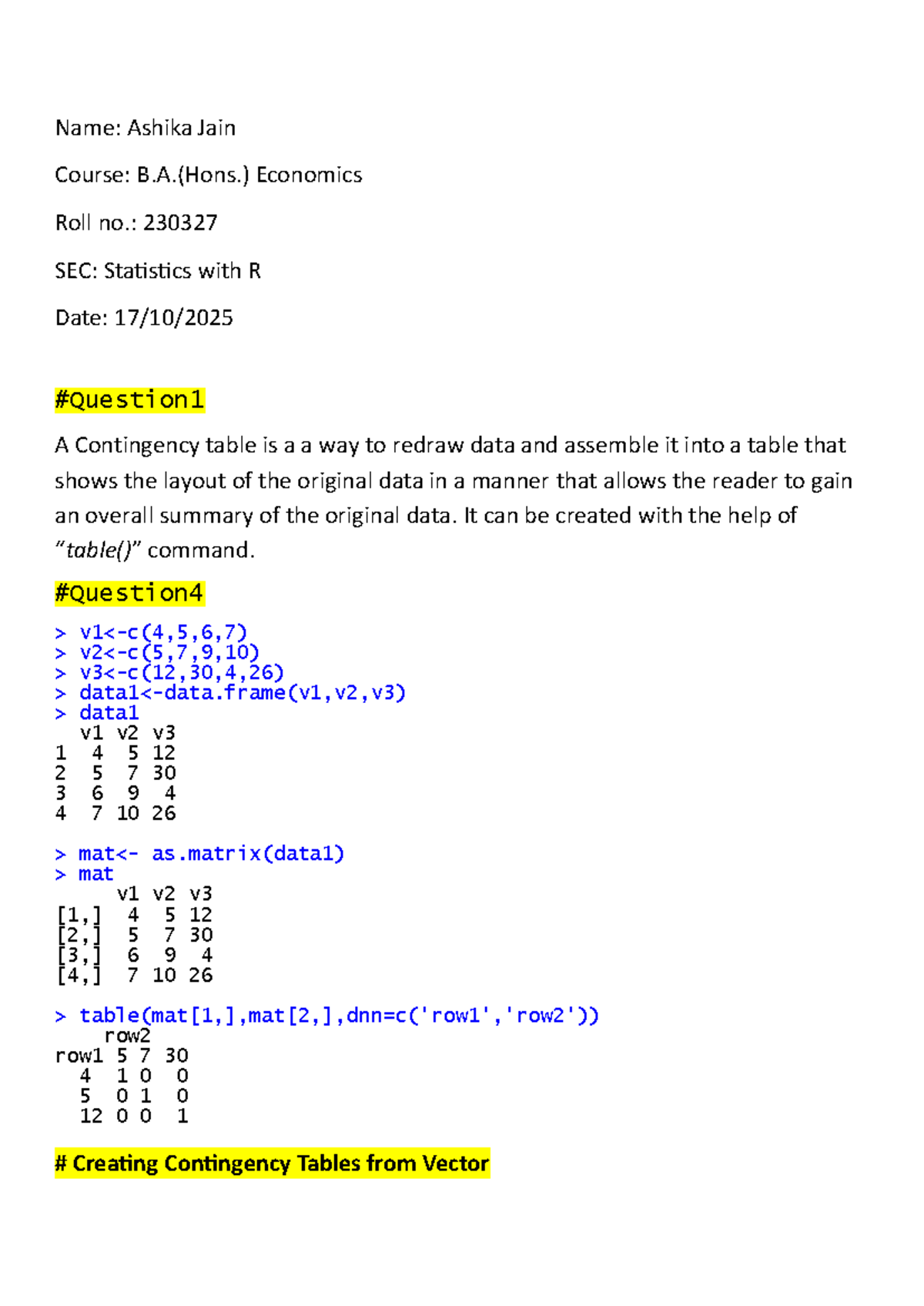 B.A.(Hons.) Economics SEC: Contingency Tables in R - Assignment - Studocu