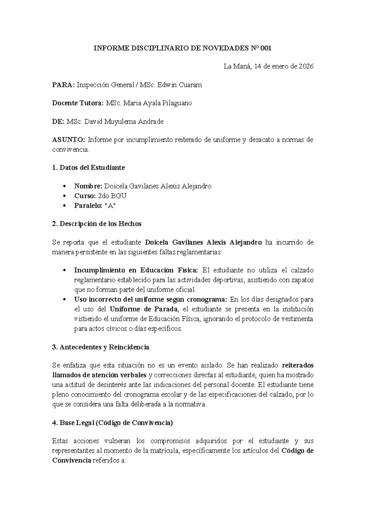 Informe Disciplinario de Novedades 001 - Doicela Gavilanes - Studocu