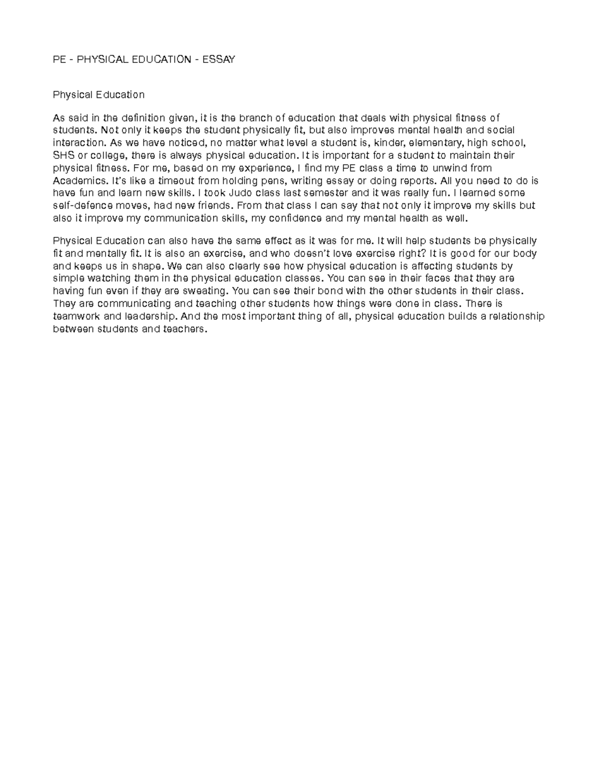 PE - Physical Education - Essay - Studocu