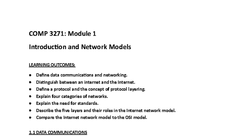 COMP 3271: Module 1 - Intro to Data Communications & Network Models ...