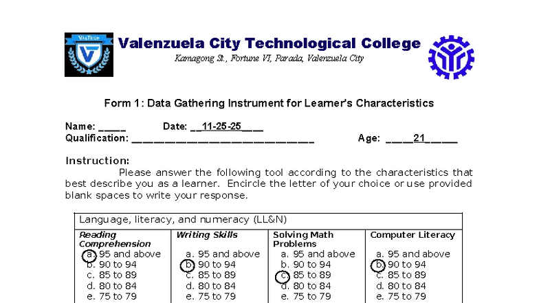 Form 1: Data Gathering Instrument for Learner Characteristics - CBLM ...