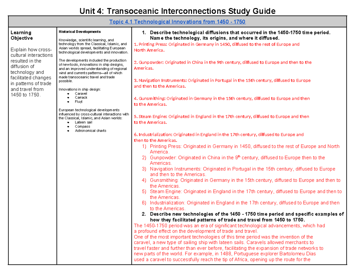 AP World History Unit 4 Study Guide: Transoceanic Interconnections 1450 ...