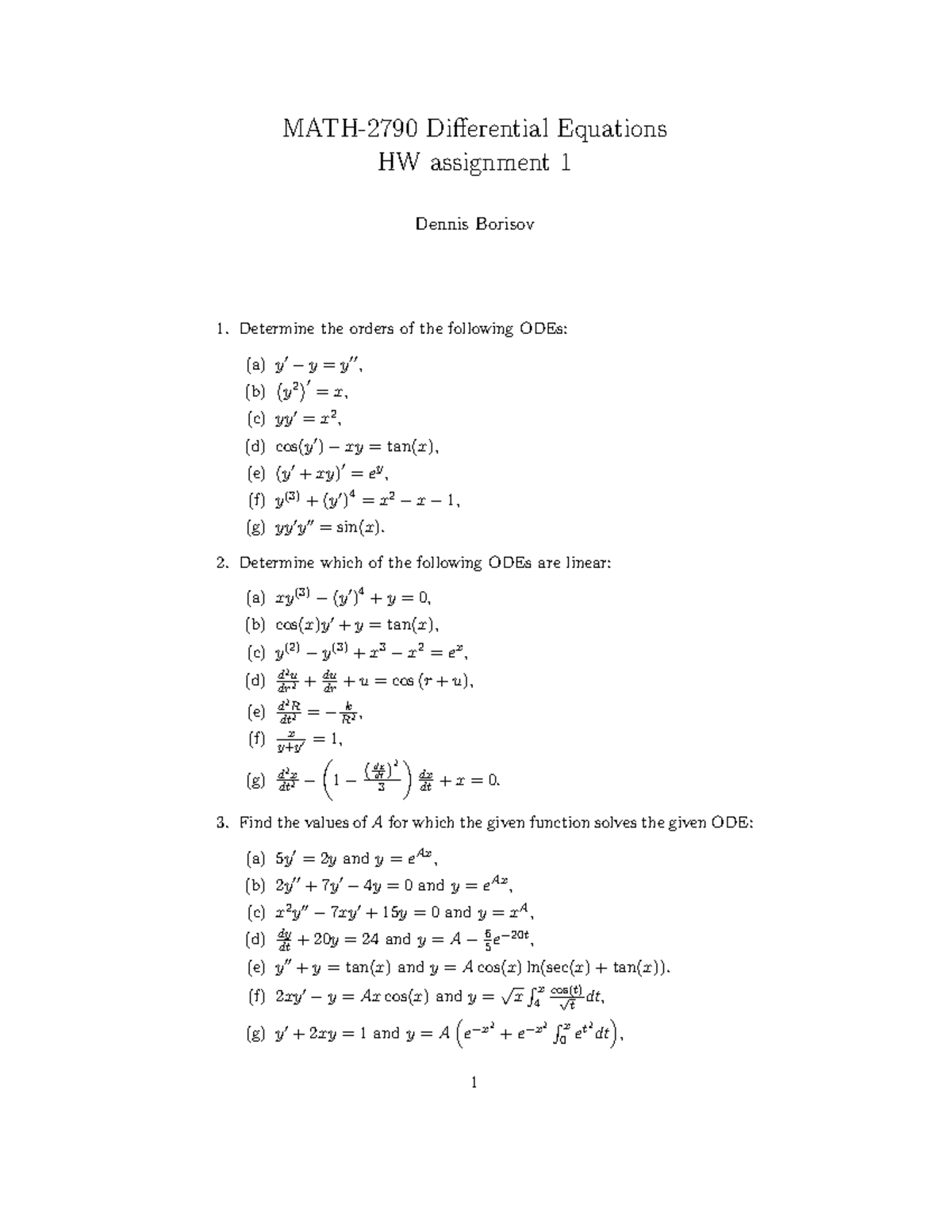 W25-DE-HW01 - Homework practice - MATH-2790 Differential Equations HW assignment 1 Dennis ...
