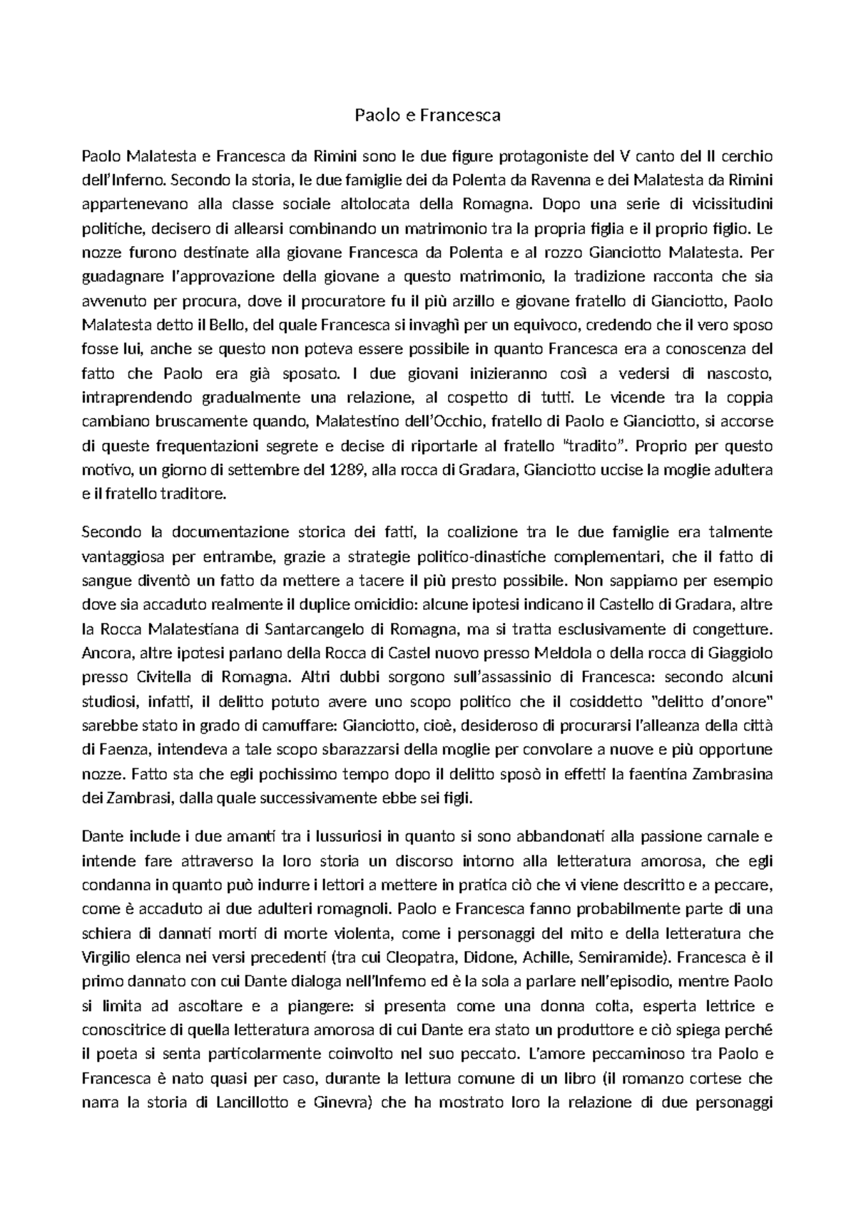 Paolo e Francesca: Analisi del V Canto della Divina Commedia - Studocu