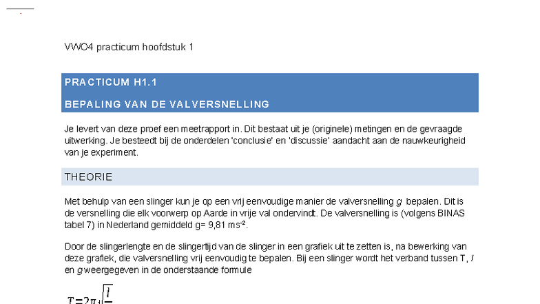 VWO4 Practicum H1: Bepaling van de Valversnelling met Slinger - Studeersnel