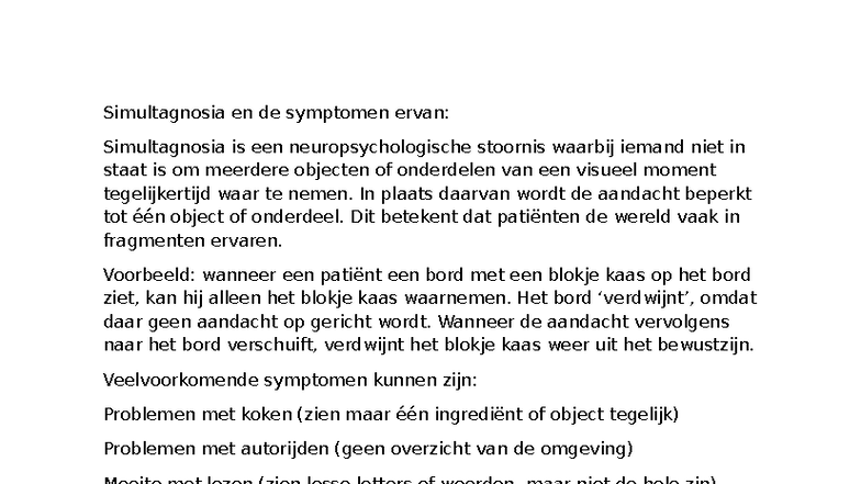 Simultagnosia en Symptomen: Neuropsychologische Stoornis - Studeersnel